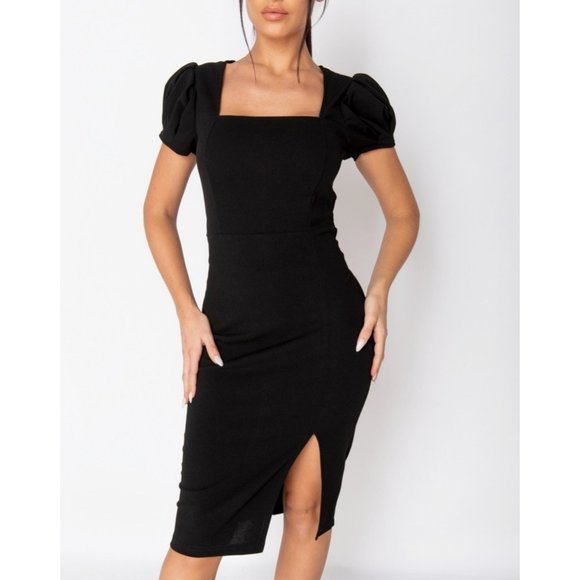 Dresses | Black Short Puff Sleeve Split Bodycon Midi Dress | Poshmark